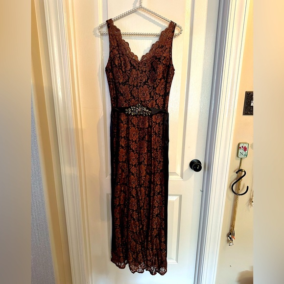 Cache | Dresses | Cache Formal Black Lace Dress With Satin Rust ...